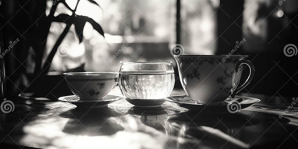 Teacups on a table stock photo. Image of home, serene - 359650304