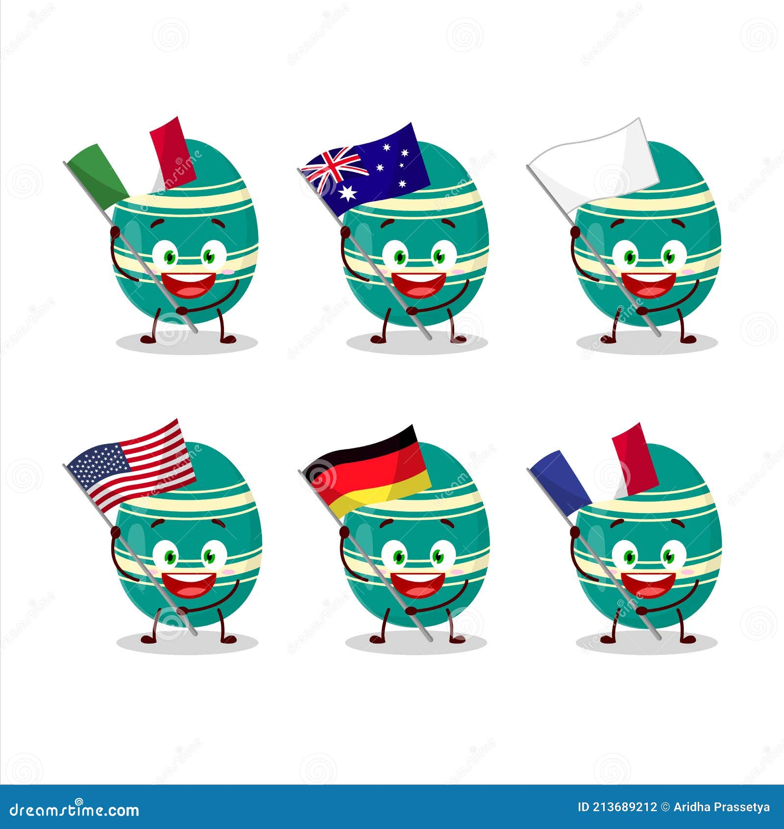 Teal Easter Egg Cartoon Character Bring The Flags Of Various Countries