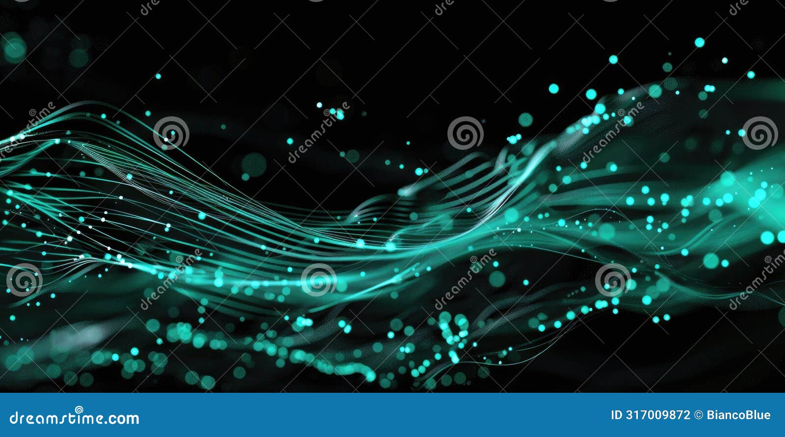 Teal Glowing Particles Form into a Wave-like Shape on a Black ...
