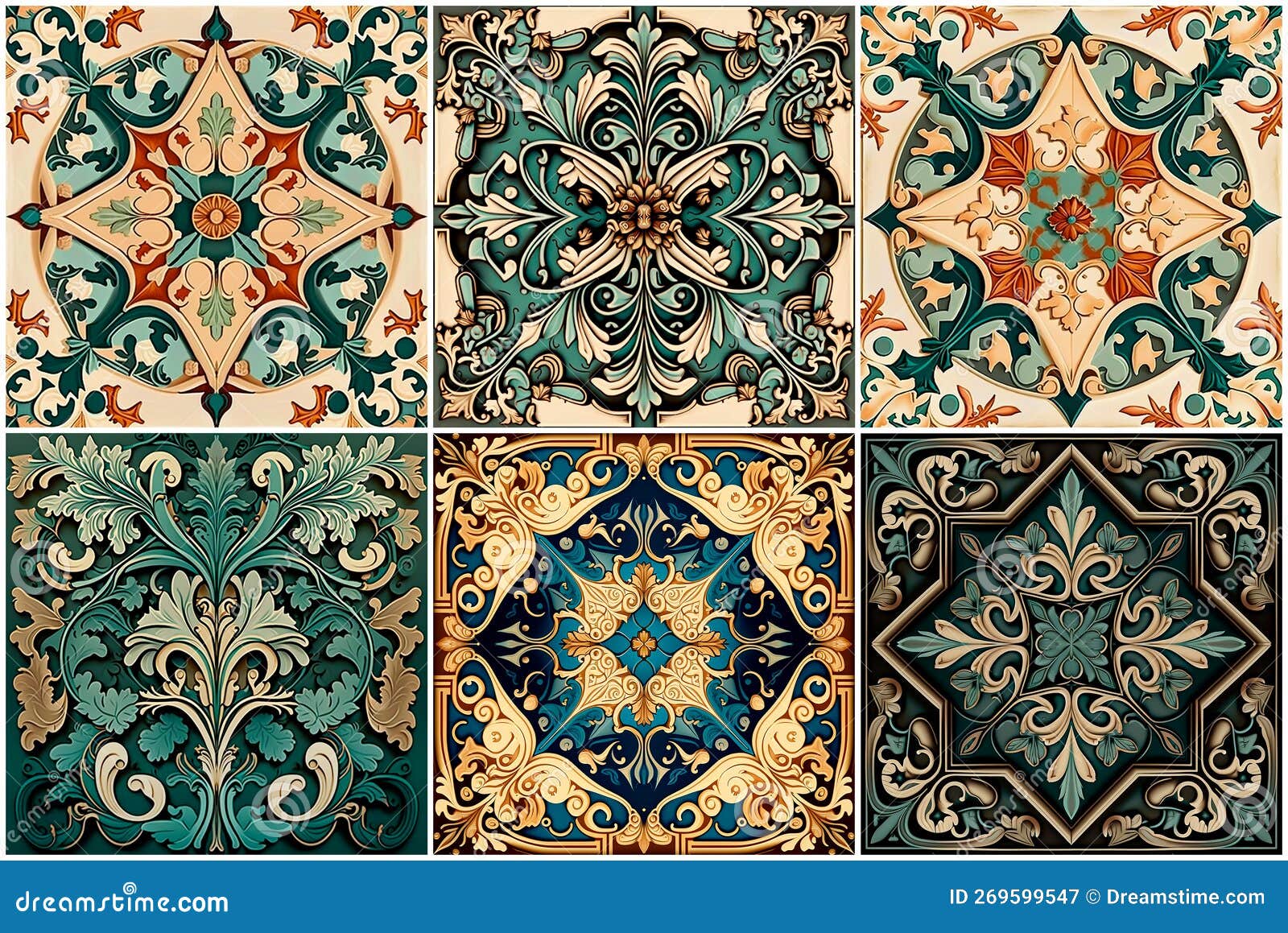 Teal and Gold Arts and Crafts Movement Style Square Tile Pattern ...