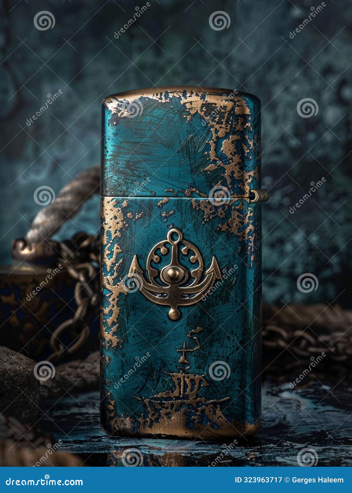 Teal and Gold Nautical Lighter with Anchor and Ship Design Stock ...