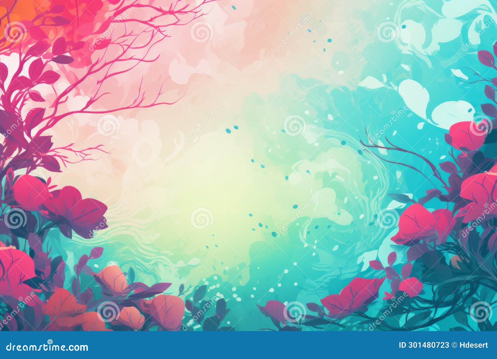 Teal and Pink Abstract Nature Background with Various Plants, Copyspace ...