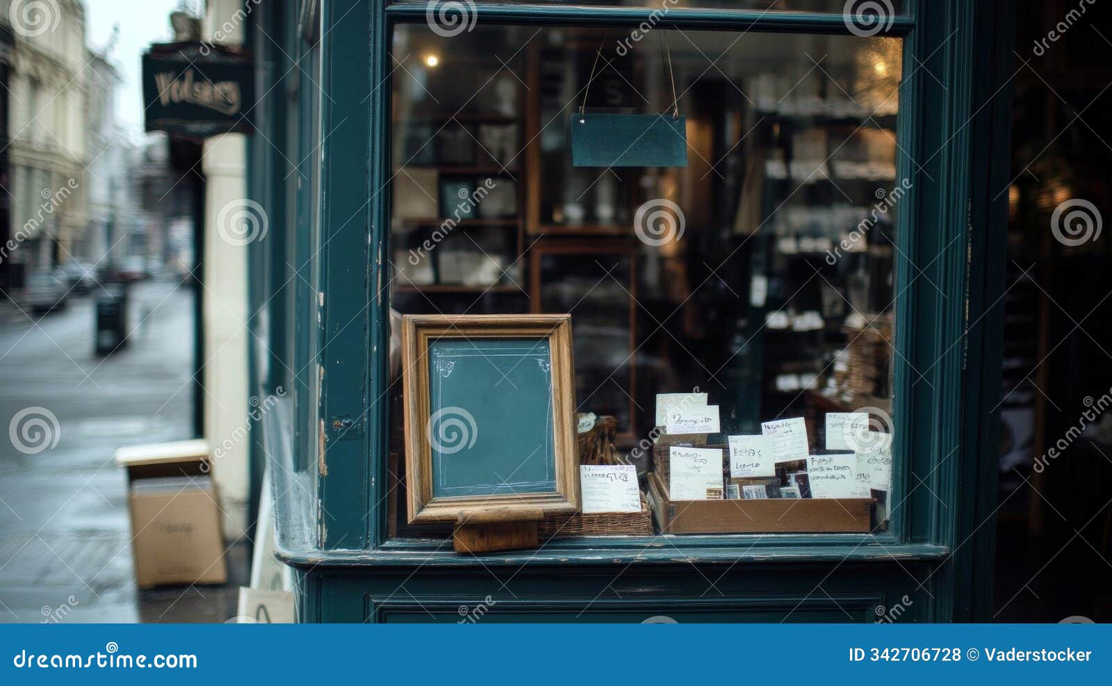 Teal Storefront Window with Chalkboard Sign and Notes Stock ...