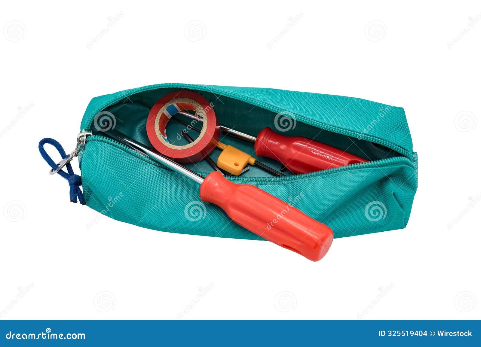 Teal Tool Bag with Red-handled Screwdrivers and Electrical Tape on a ...