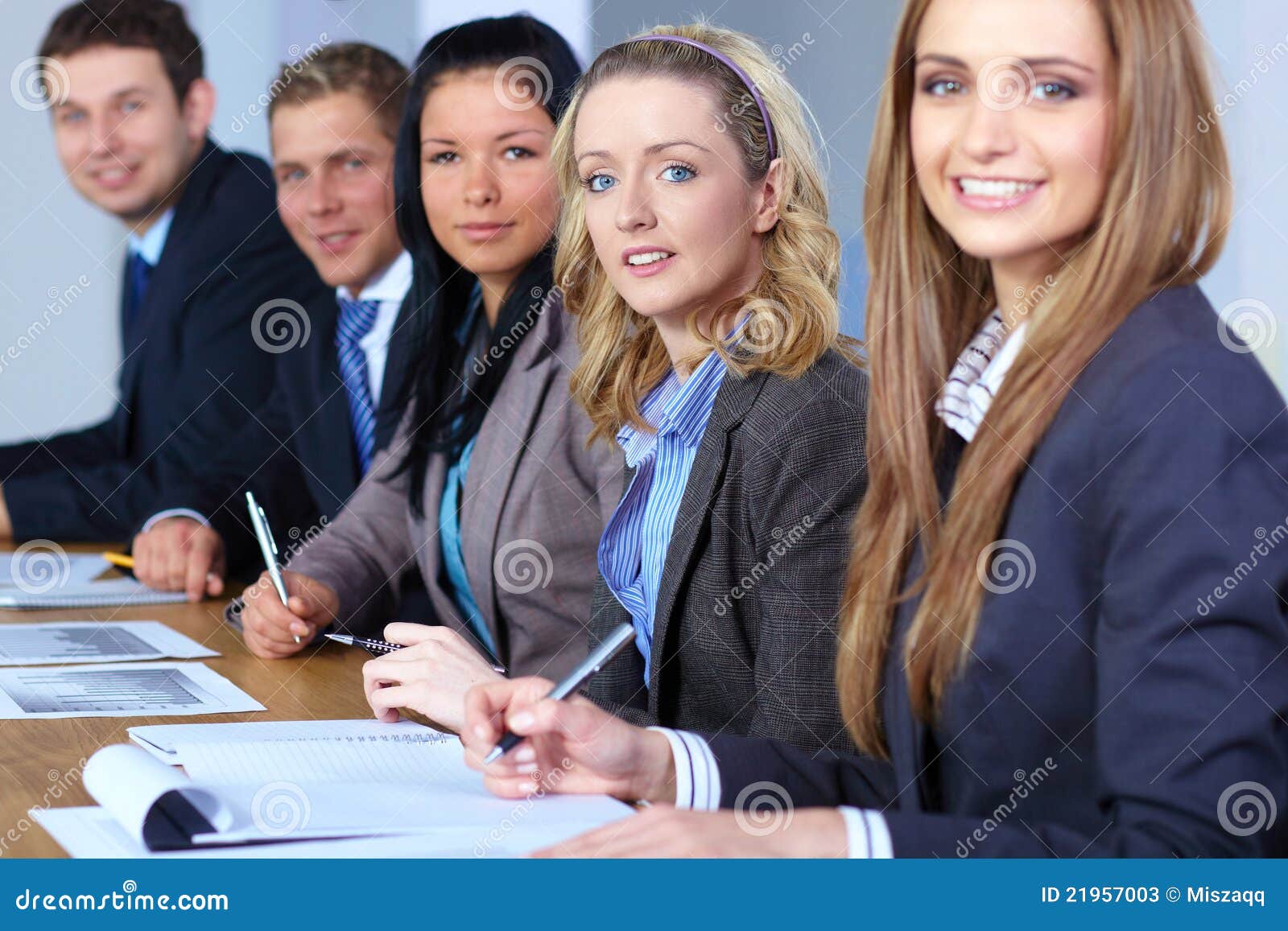 Team of 5 Business People Working on Paperwork Stock Image - Image of ...