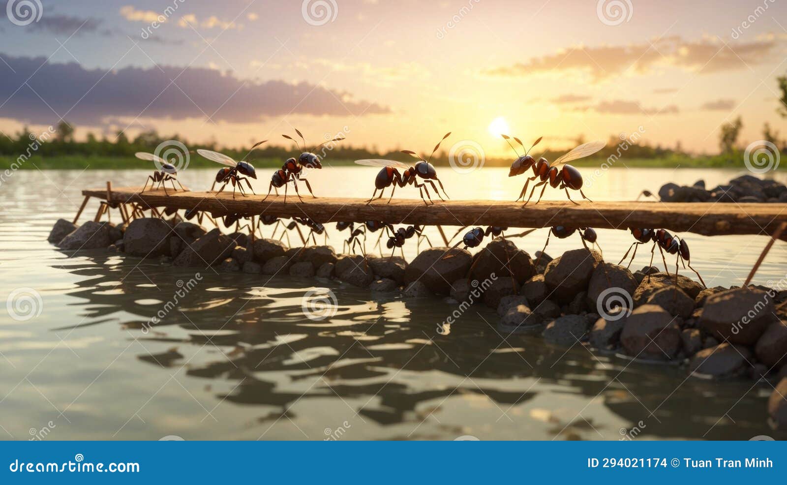 Team of Ants Constructing Bridge Over Water on Sunrise or Sunset, Work ...