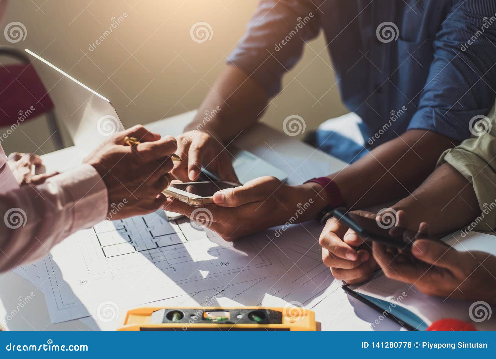 Team Architect Engineer Design Discussing with Blueprint on Table in ...