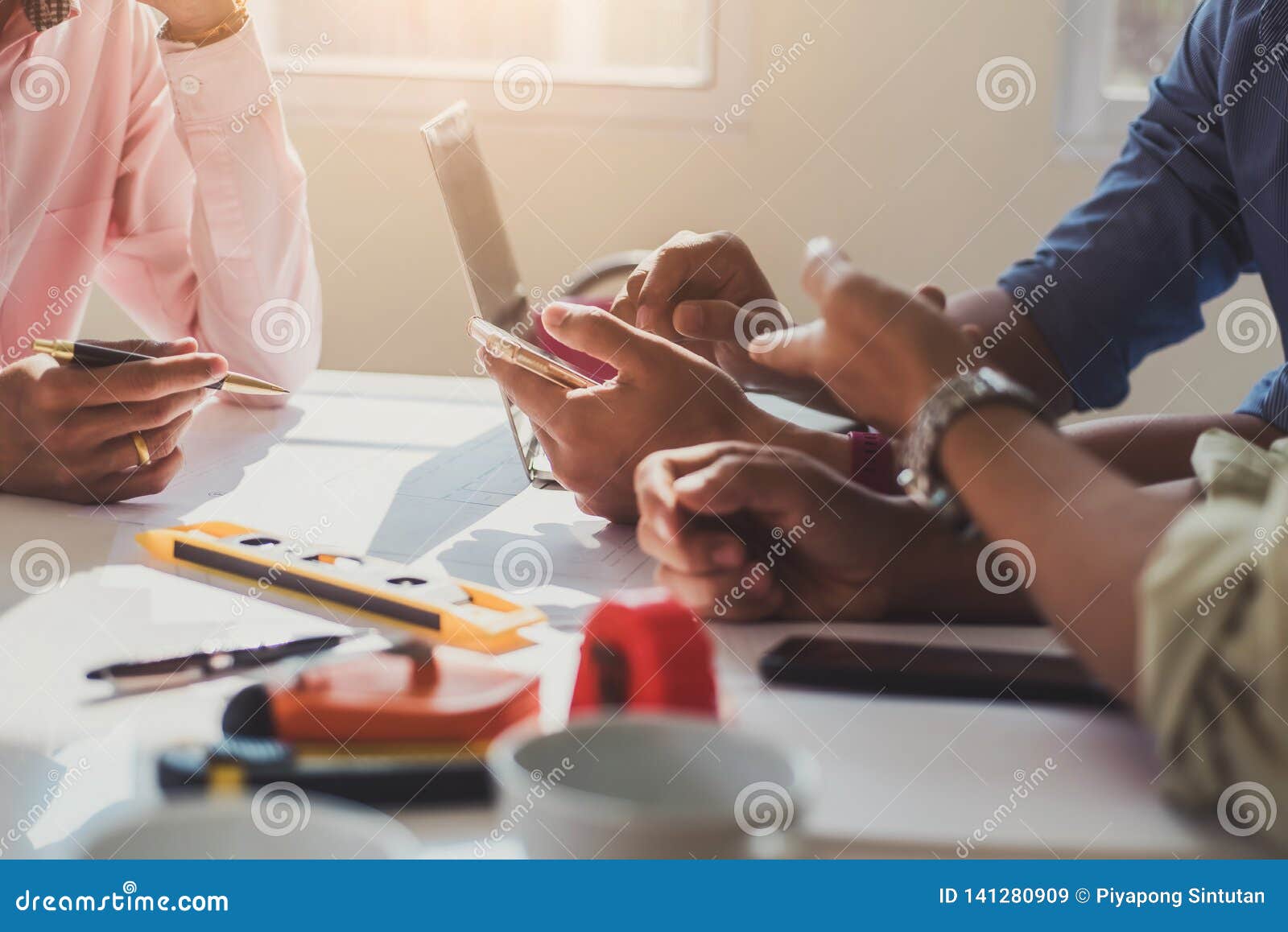 Team Architect Engineer Design Discussing with Blueprint on Table in ...