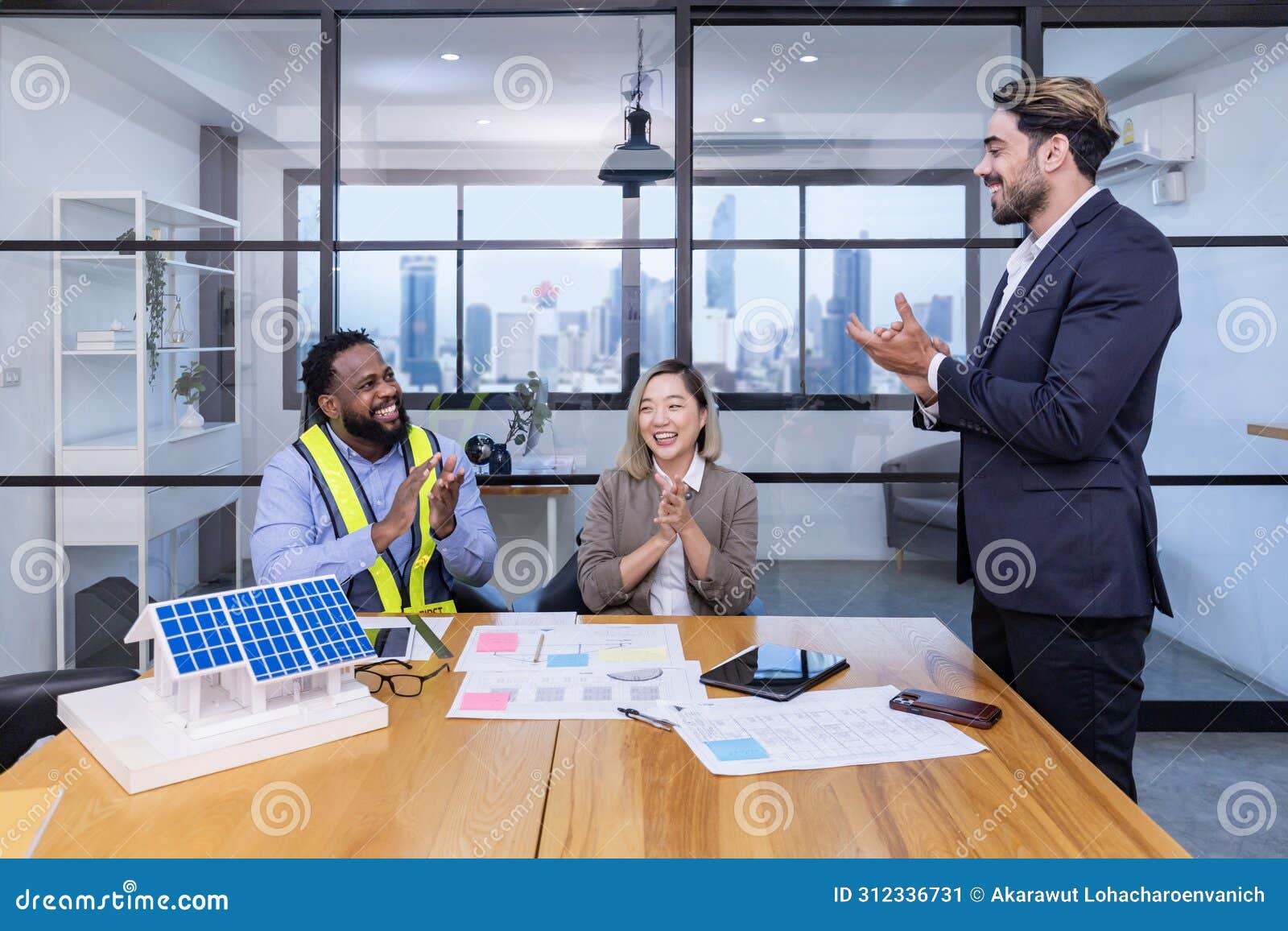 Team of Architecture and Engineer Cheering and Brainstorming on Floor ...