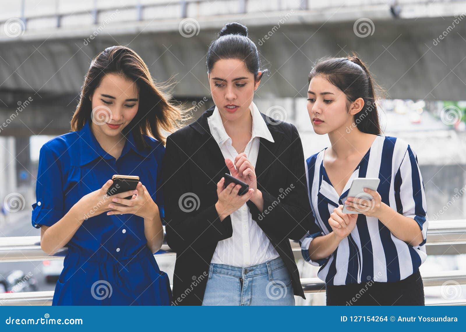 Team of Asian Business Woman Using Mobile Communicate Online Stock ...