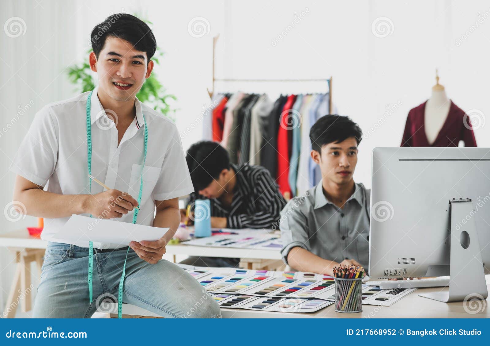 Team of Asian Designers Working in Tailor Workshop Stock Photo - Image ...