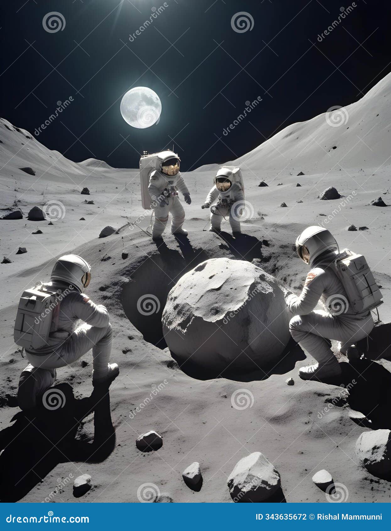 Team of Astronauts Studying Moon Topography Stock Illustration ...