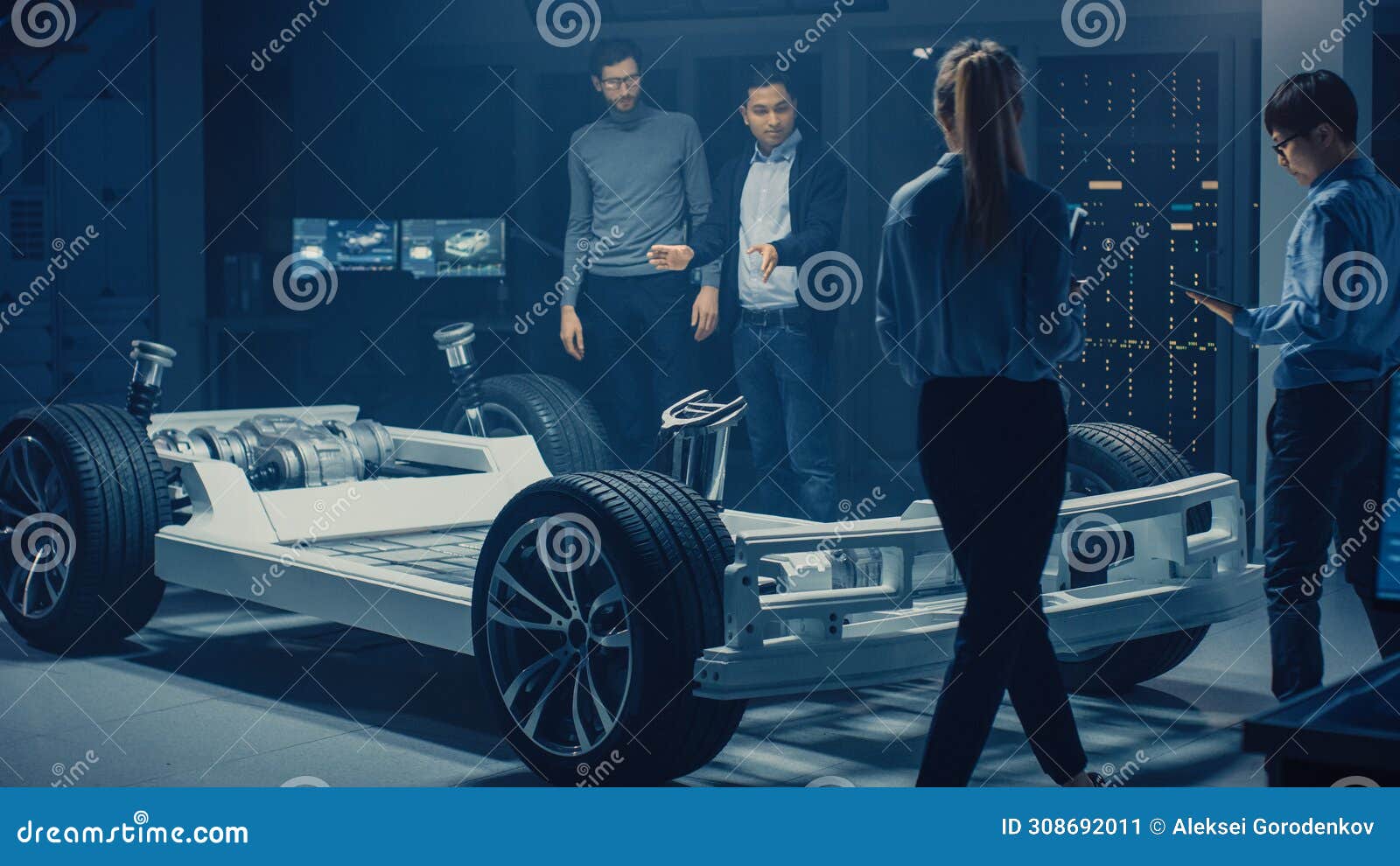 Team of Automotive Engineers Working on Electric Car Chassis Platform ...