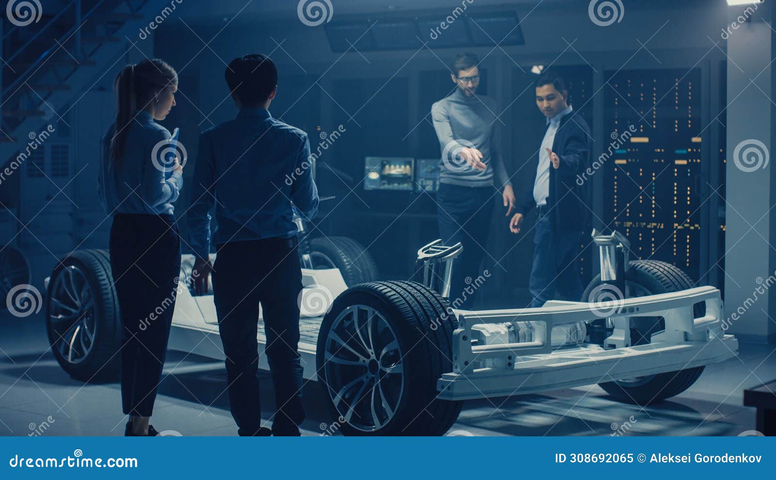 Team of Automotive Engineers Working on Electric Car Chassis Platform ...