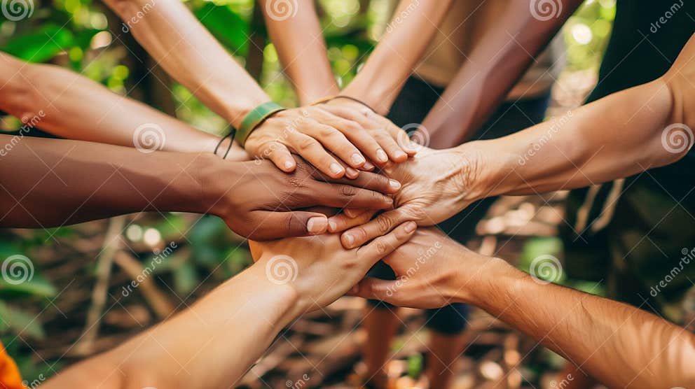 Team Building Exercise with Closeup of Team Stacking Hands Stock ...