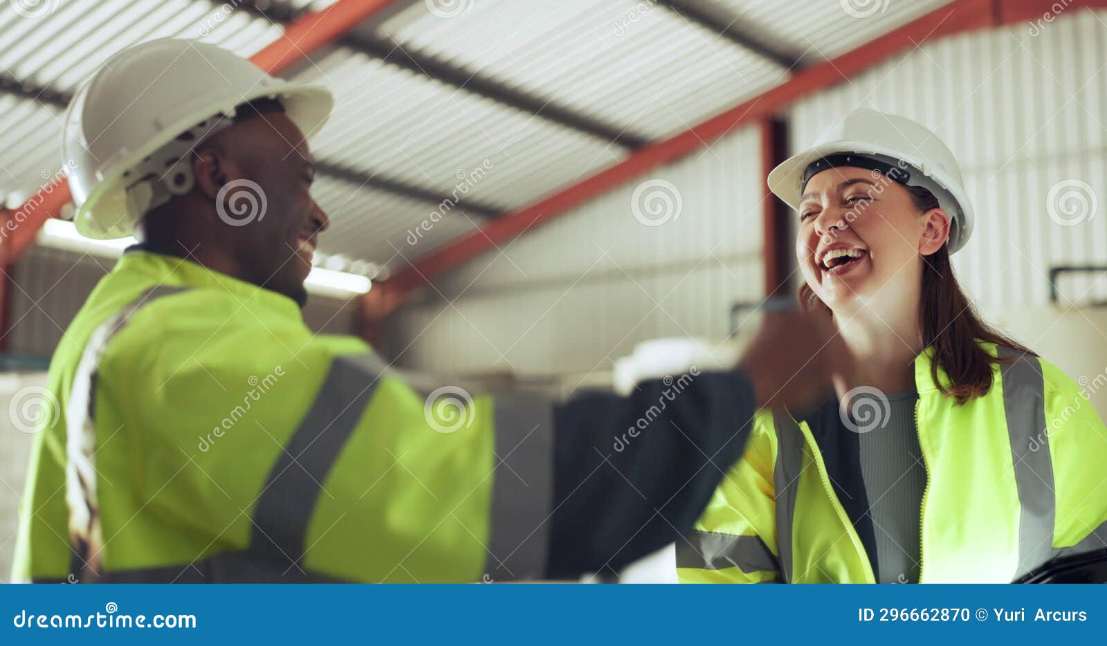 Team Building, High Five and Construction with People in a Warehouse ...