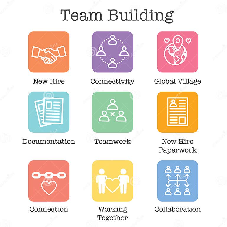 Team Building, Teamwork, and Connectivity Icon Set with Stick Figures ...