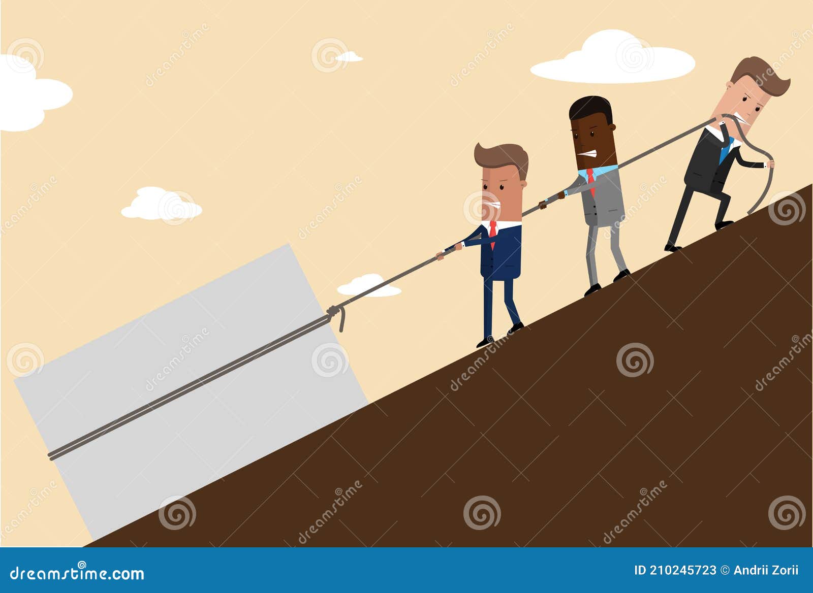 A Team of Businessmen is Pulling a Mountain Bound by a Rope on a ...