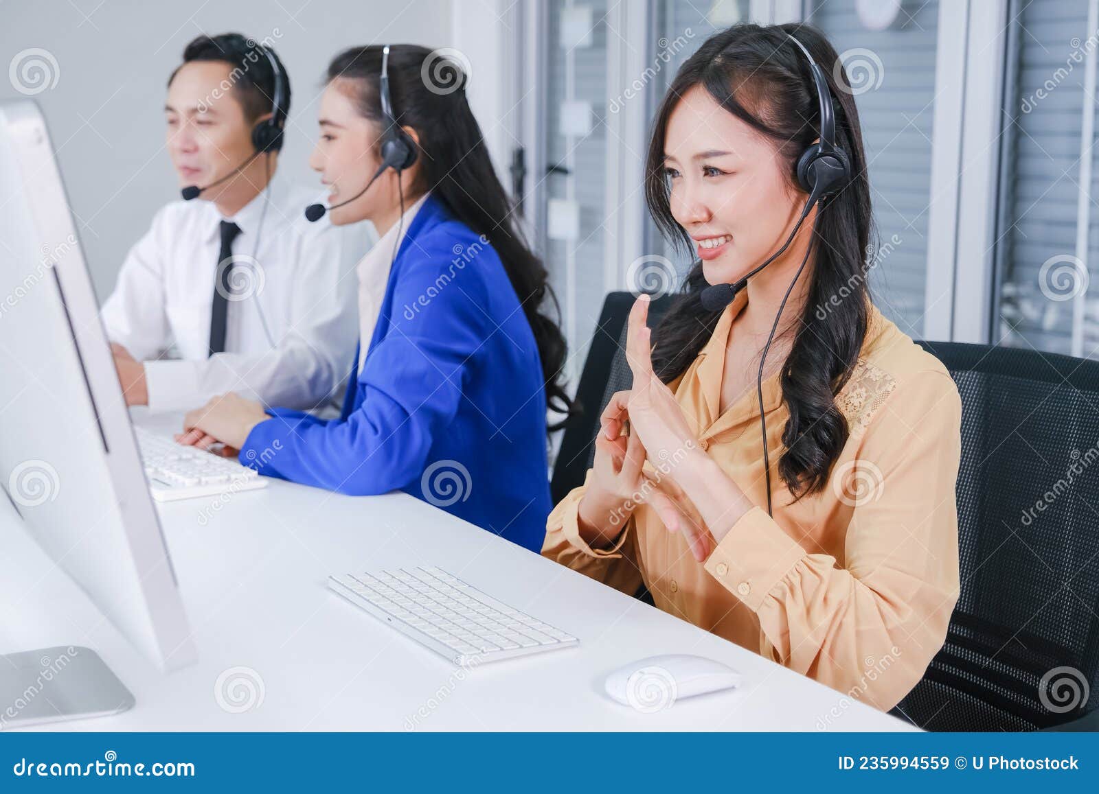 Team Call Center Operator with Headset Workplace Stock Image - Image of ...