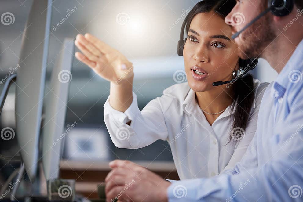 Team, Call Center and Woman Coaching Man on Computer for Support, Help ...