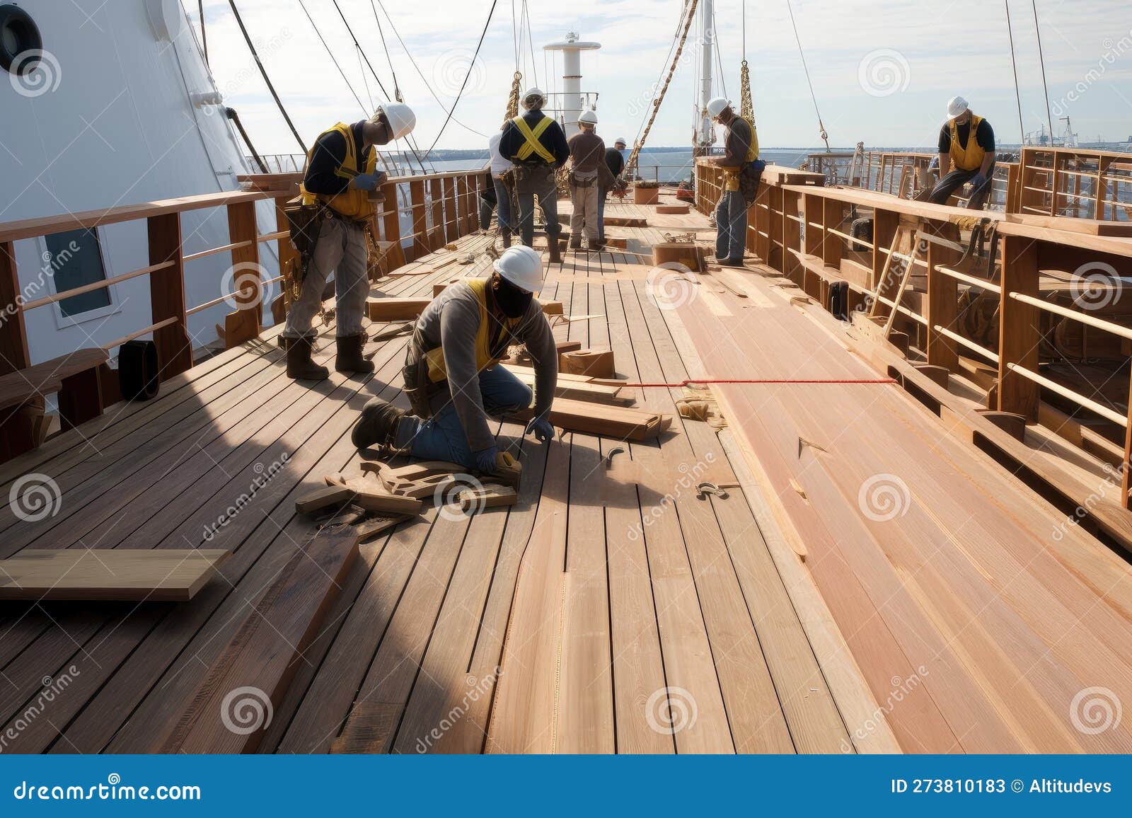A Team of Carpenters and Builders Working on the Deck of a Ship Stock ...