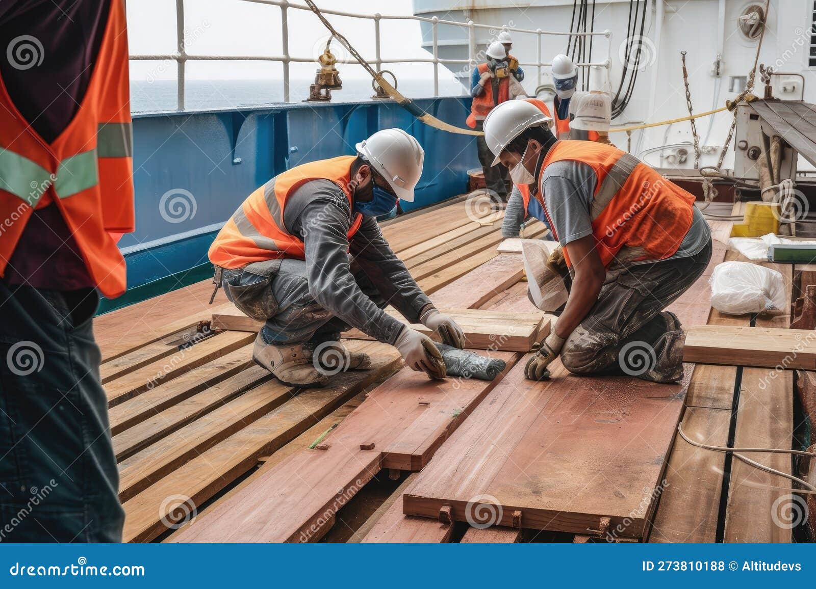 A Team of Carpenters and Builders Working on the Deck of a Ship Stock ...
