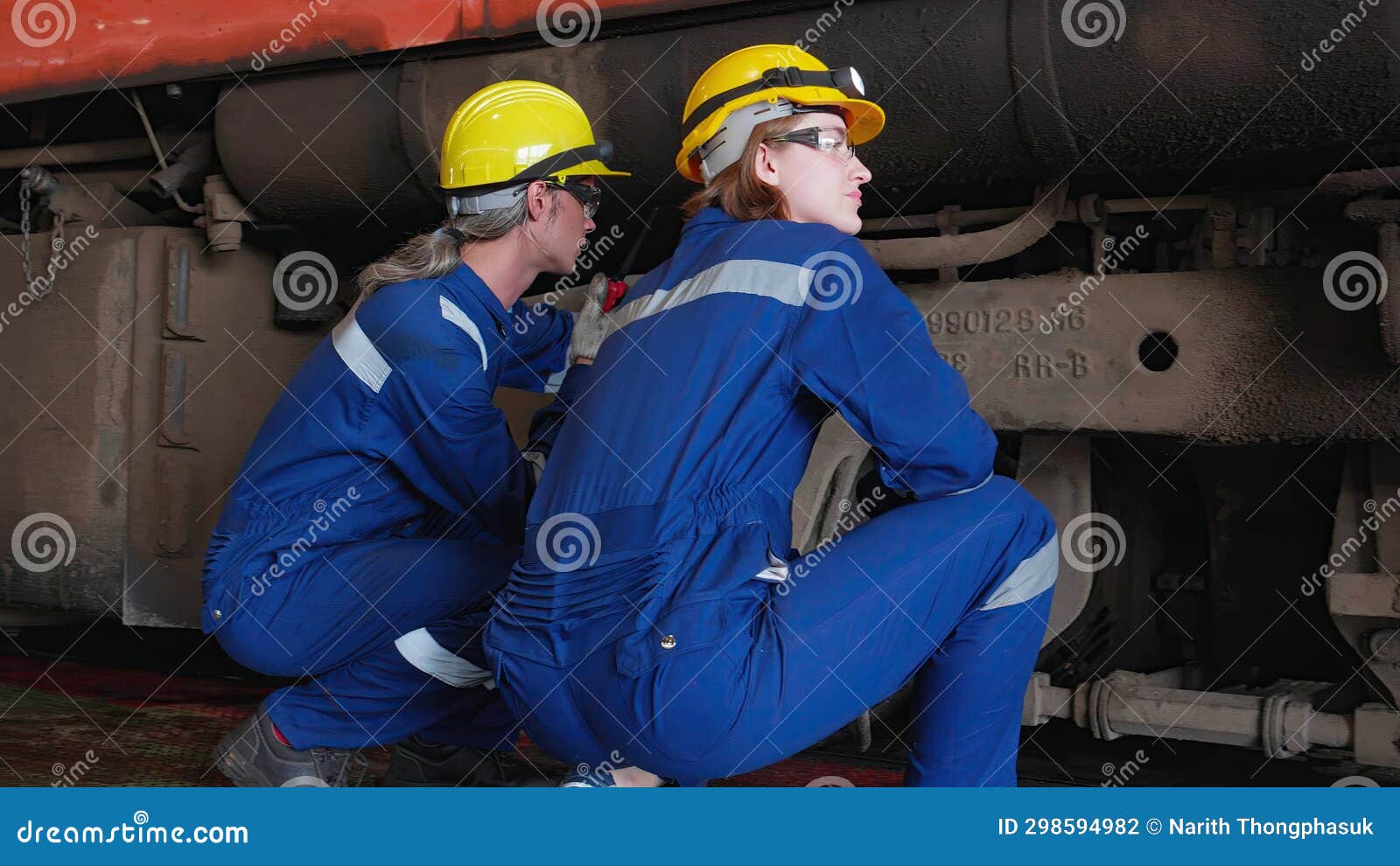 Team Caucasian Engineer Maintenance Train while Speaking with Talkie ...