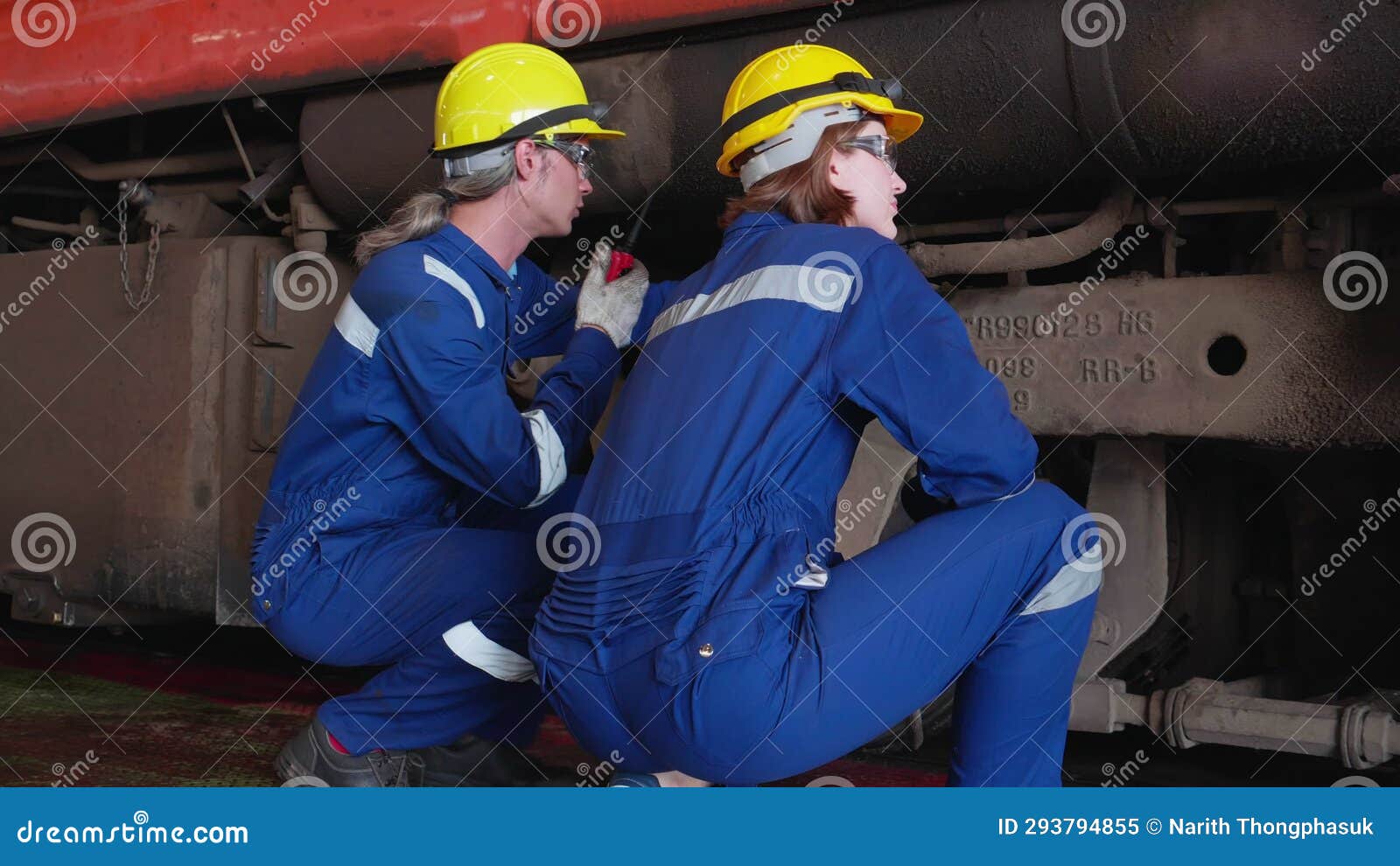 Team Caucasian Engineer Maintenance Train while Speaking with Talkie ...