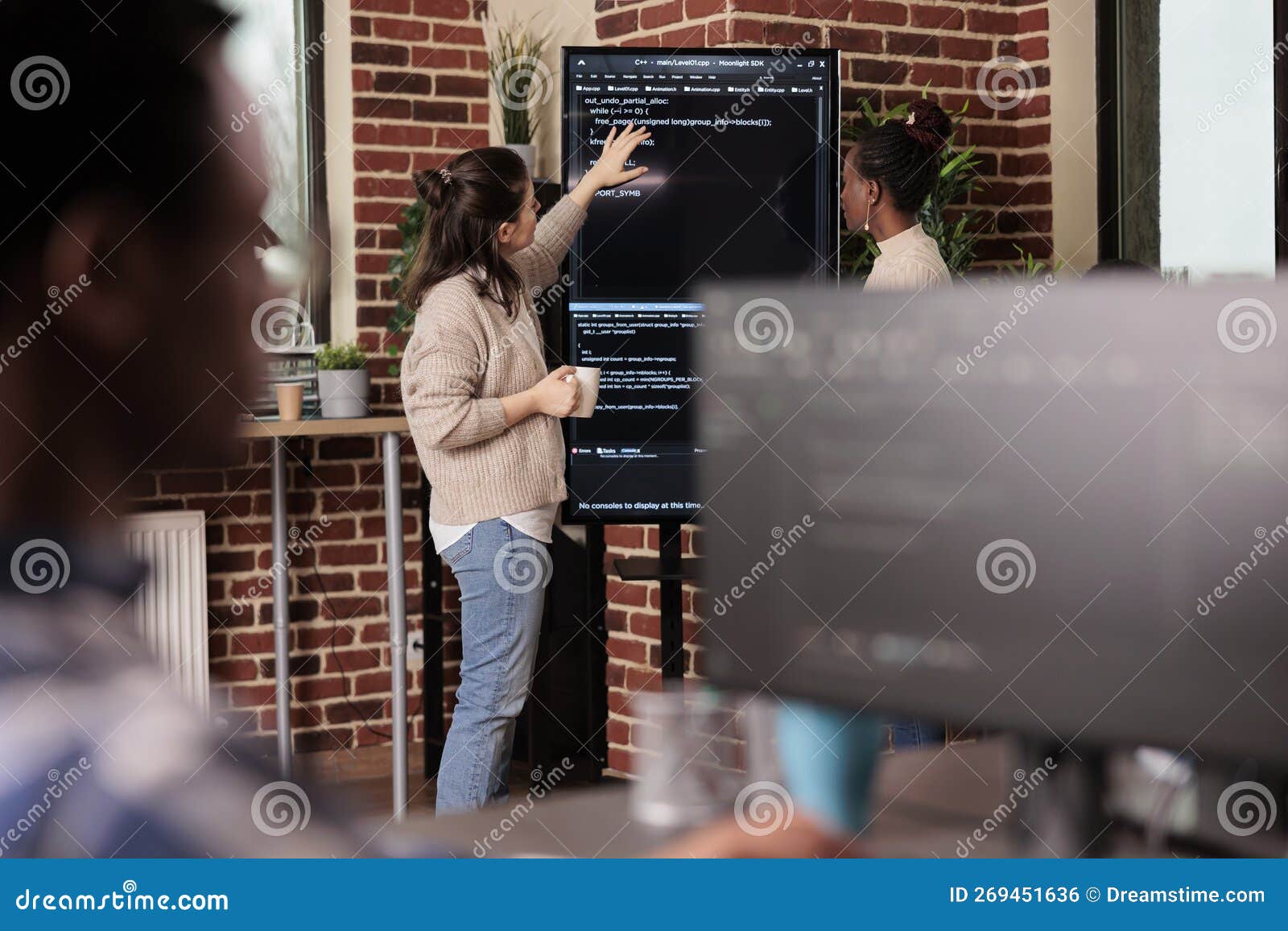 Team of Coders Talking about Algorithms in Front of Big Screen Stock Photo - Image of diversity ...