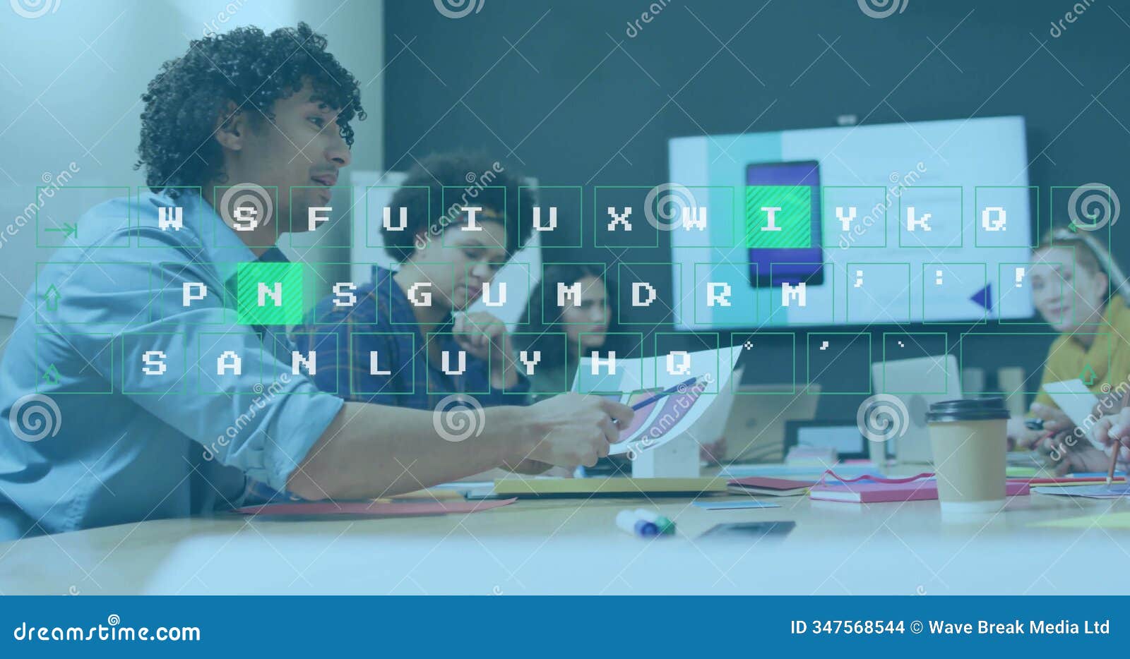Team Collaborating in Office with Keyboard Image Over Scene Stock Photo ...