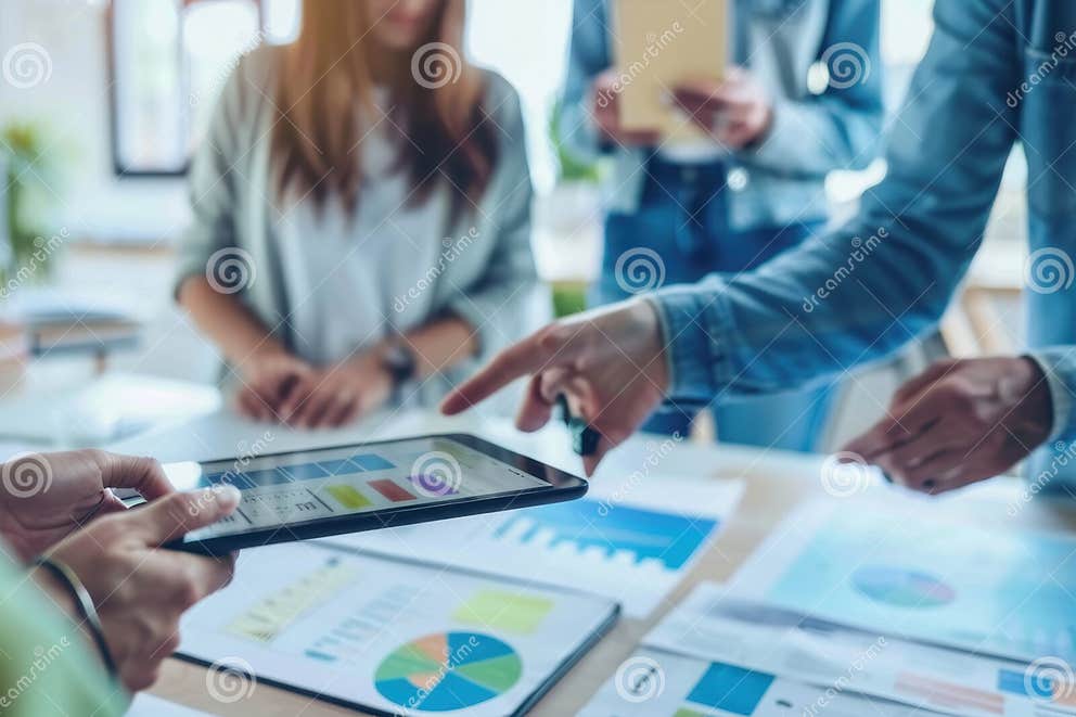 Team Collaborating on a Project, Analyzing Data on Tablets and Documents, Symbolizing Teamwork ...