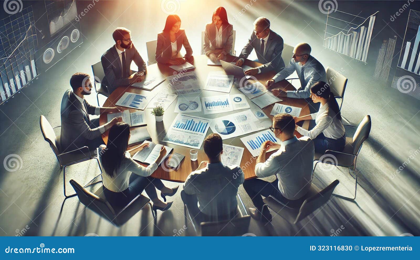 Team Collaboration Around a Round Table with Graphs Stock Illustration ...