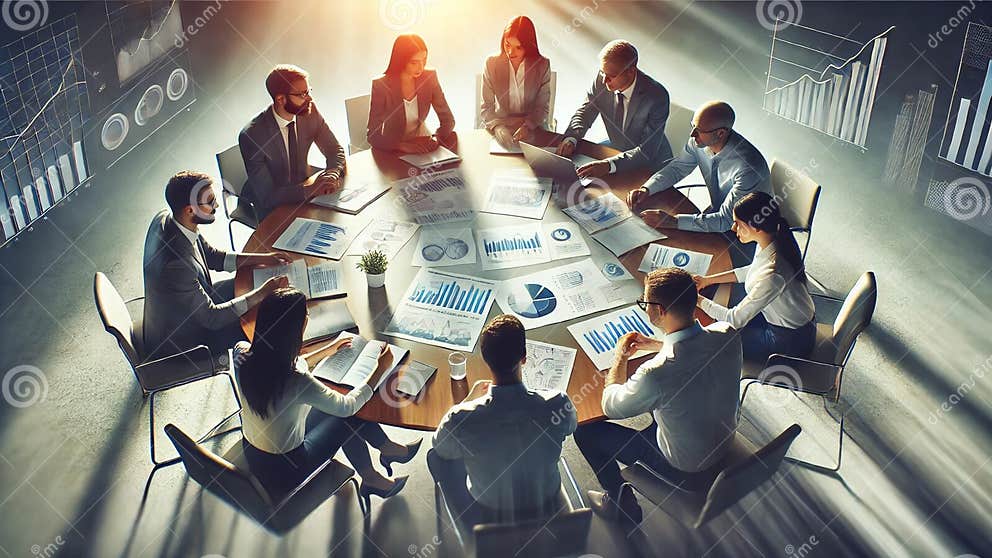 Team Collaboration Around a Round Table with Graphs Stock Illustration ...