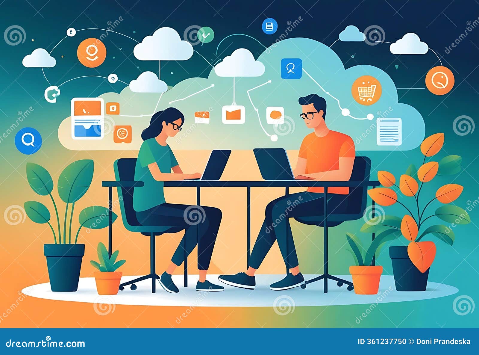 Team Collaboration Cloud Computing Data Sharing Illustration Stock ...