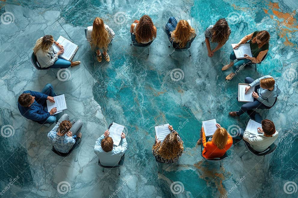 Team Collaboration: Group Meeting on Floor with Documents and Notes for ...