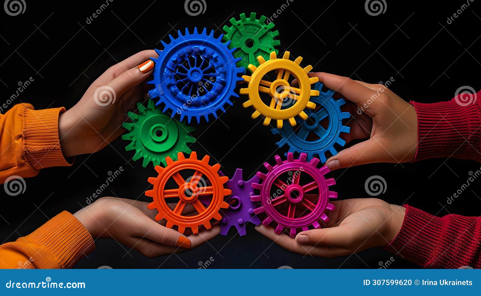 Team Collaboration and Innovation Concept with Colorful Gears. Hands ...