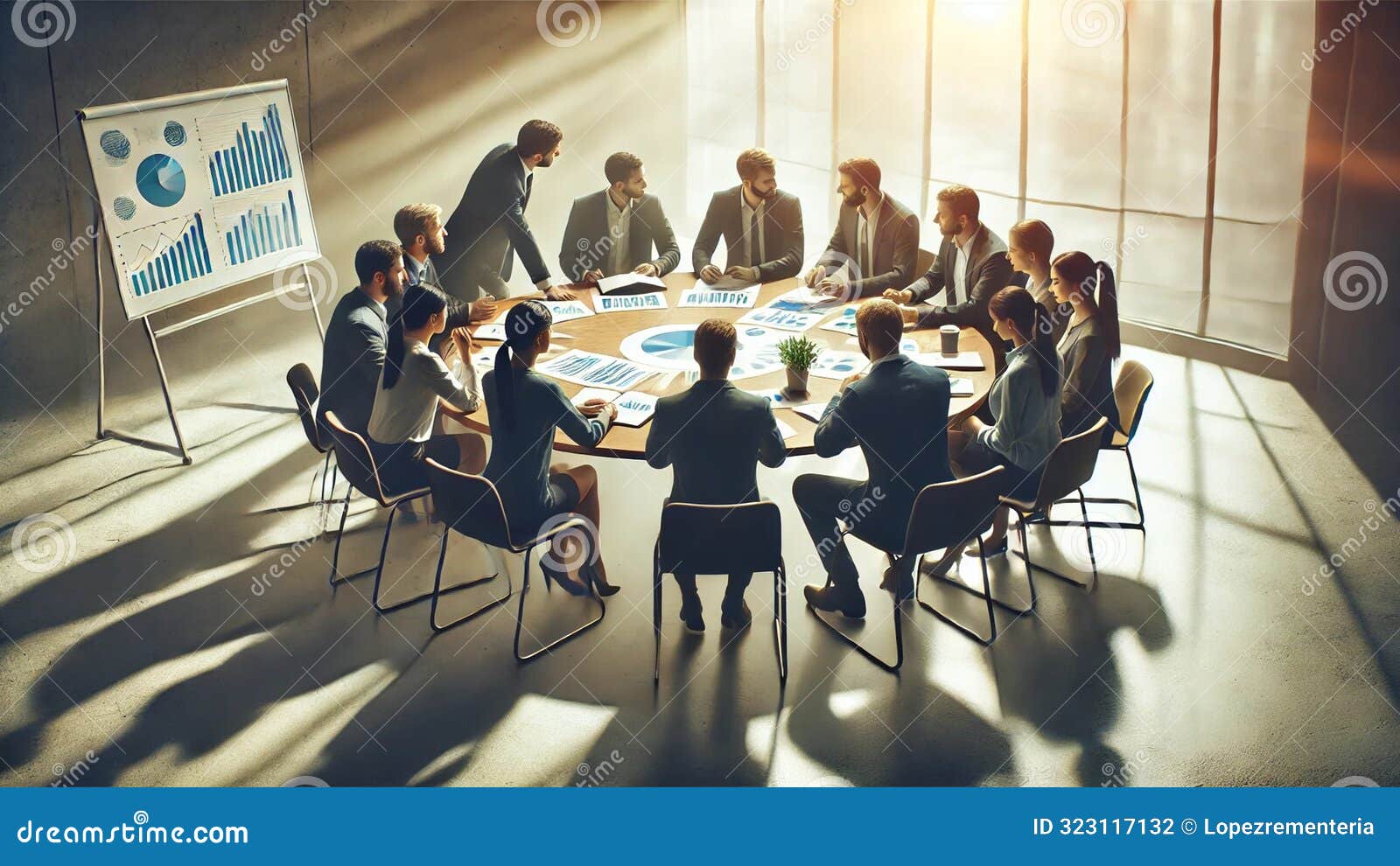 Team Collaboration with Workers Viewed from Behind Around Round Table ...