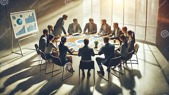 Team Collaboration with Workers Viewed from Behind Around Round Table ...