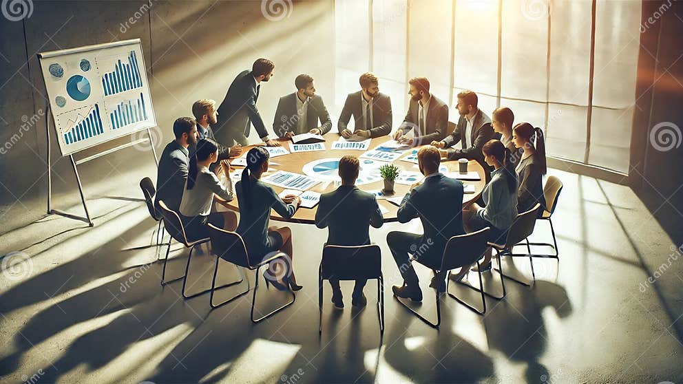 Team Collaboration with Workers Viewed from Behind Around Round Table ...