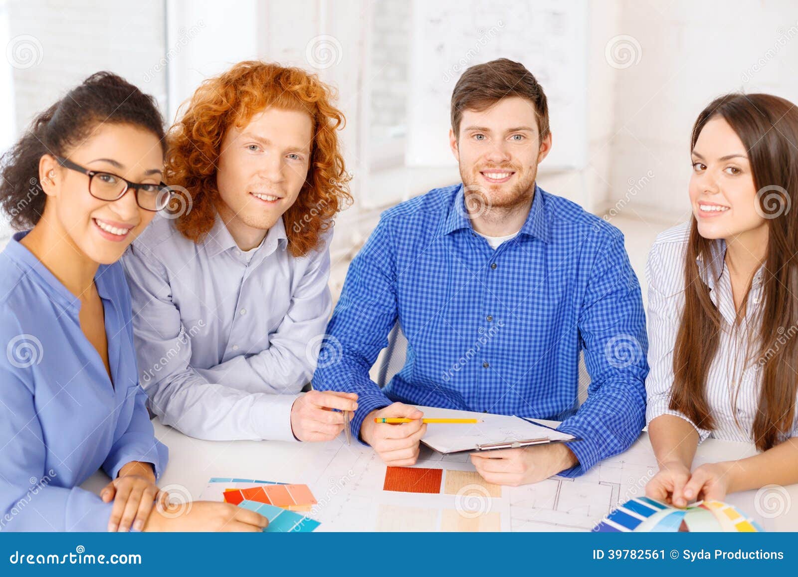 Team with Color Samples and Blueprint at Office Stock Image - Image of ...