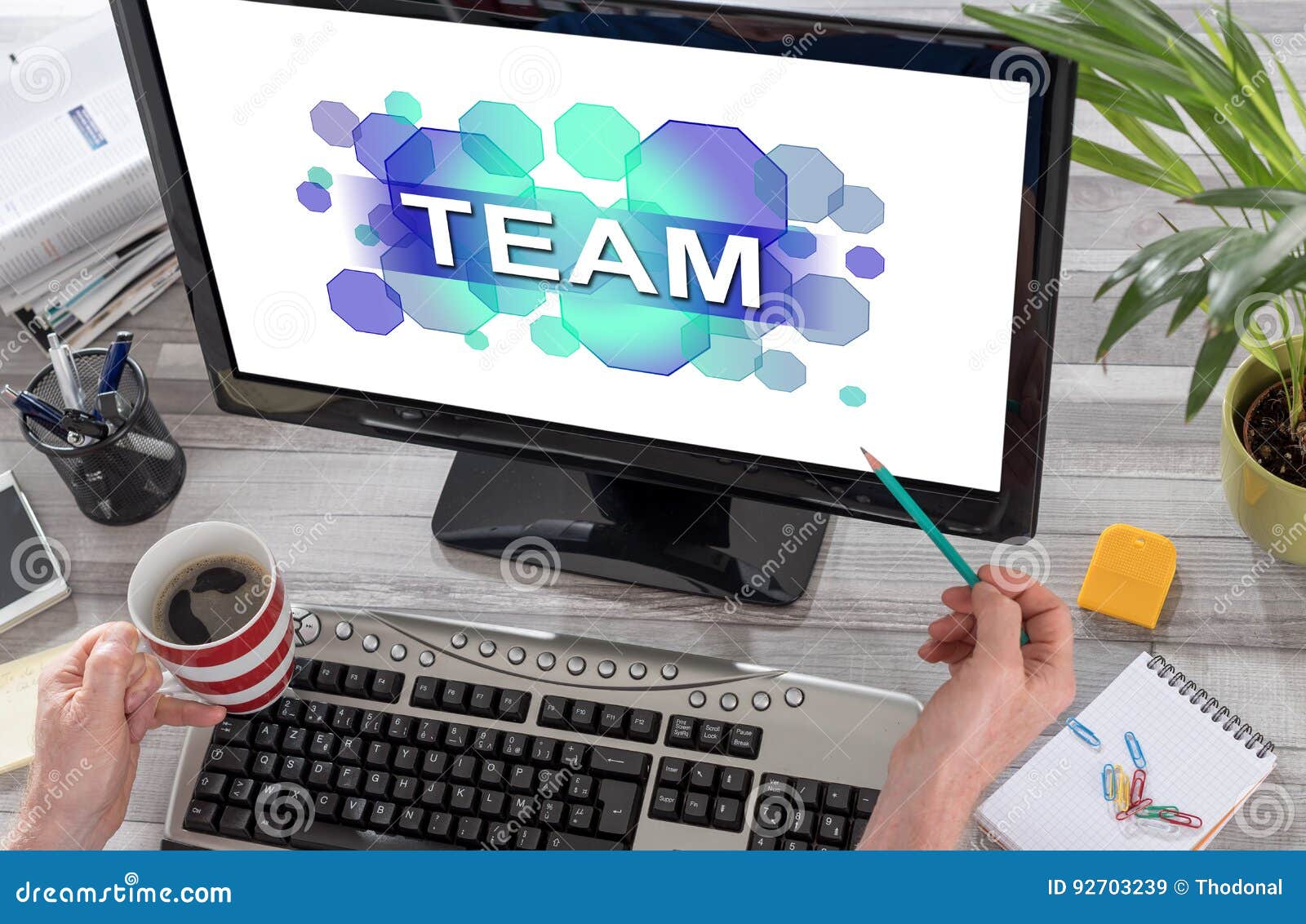 Team concept on a computer stock image. Image of hand - 92703239