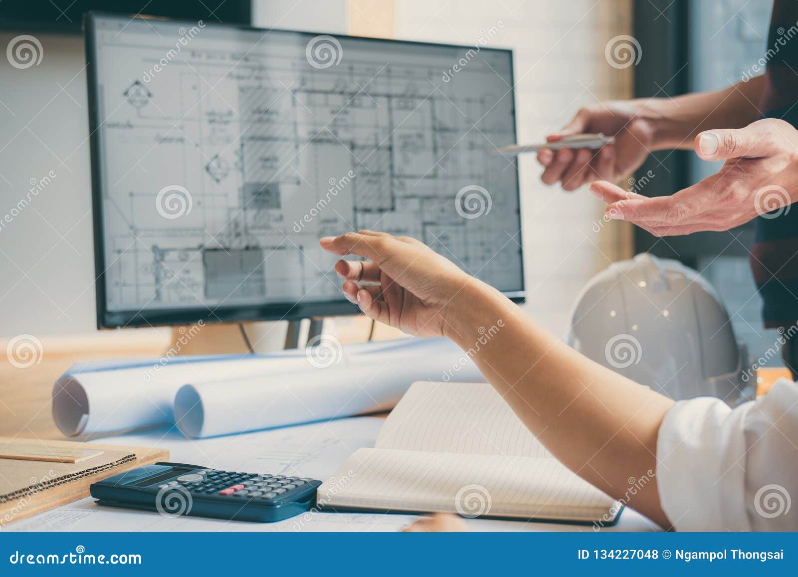 Workplace With Drawing Plan, Notepad, Phone With Blank Black Screen ...