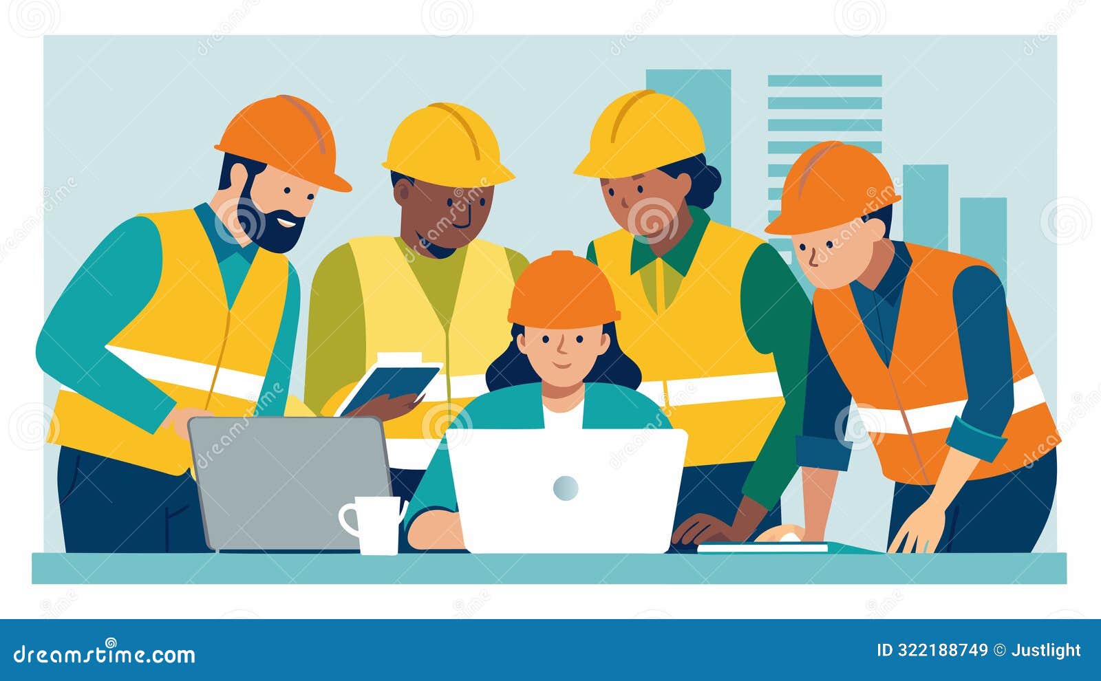 A Team of Construction Workers Huddled Around a Laptop Reviewing ...