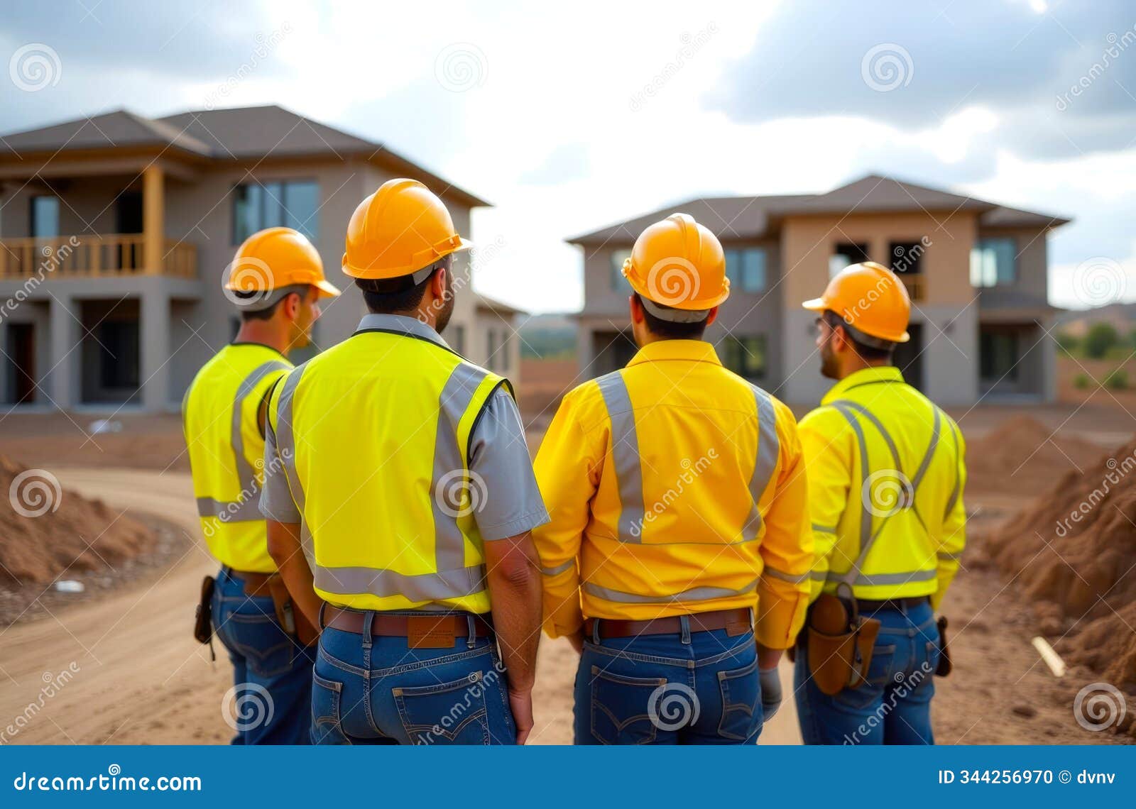 Team of Construction Workers Wearing Helmets Facing the Construction ...