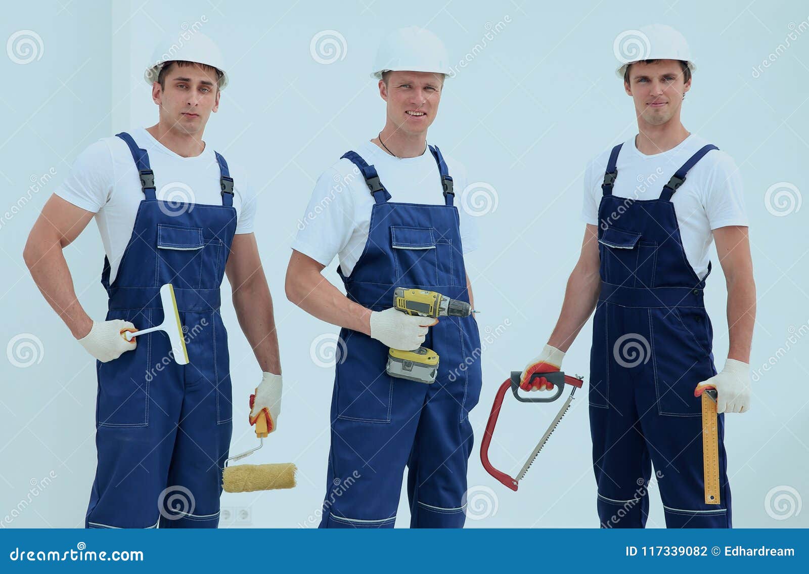 Team of Construction Workers with Working Tools Stock Photo - Image of ...