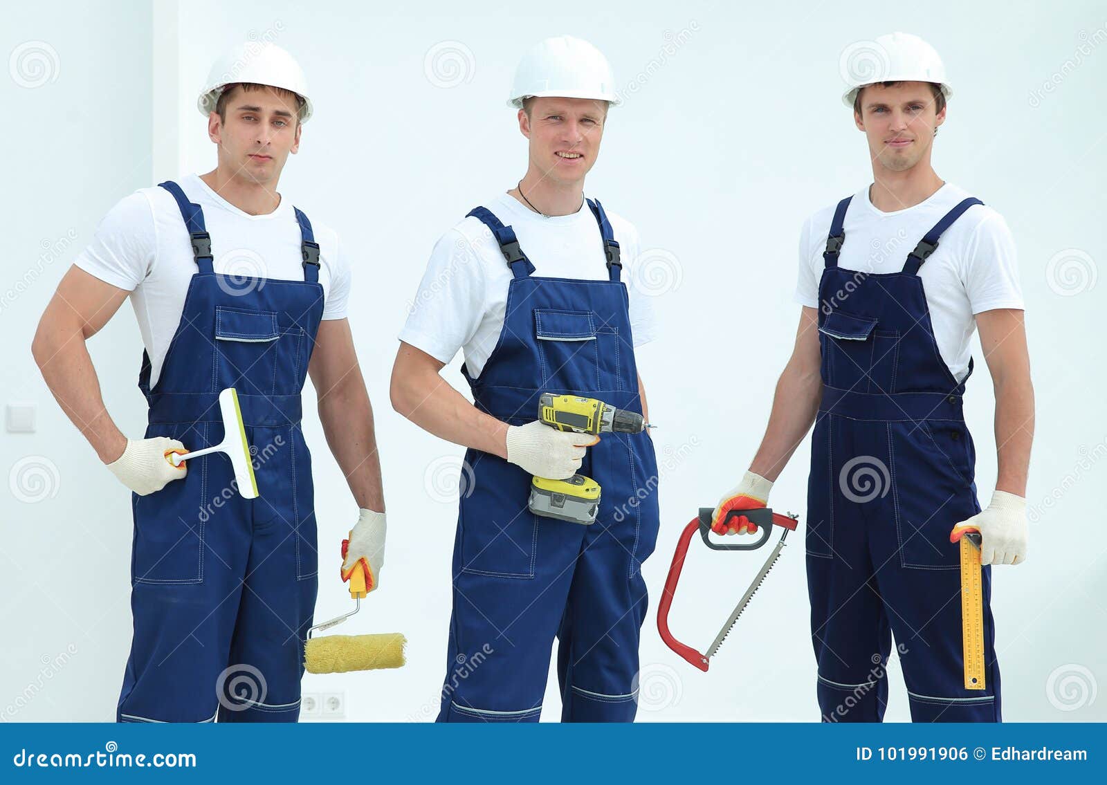 Team of Construction Workers with Working Tools Stock Photo - Image of ...