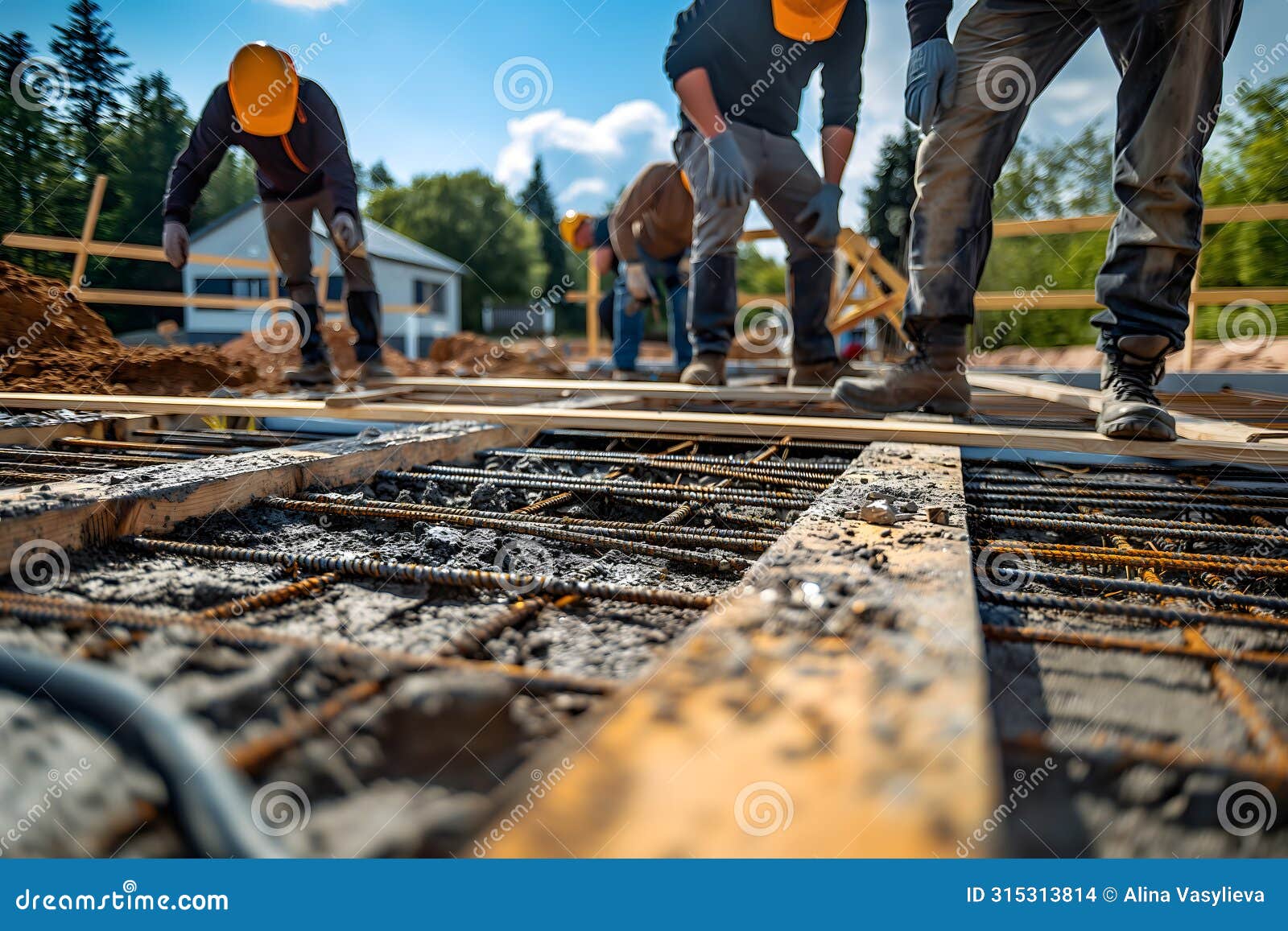 Team of the Construction Workers Works on Foundation of Contemporary ...