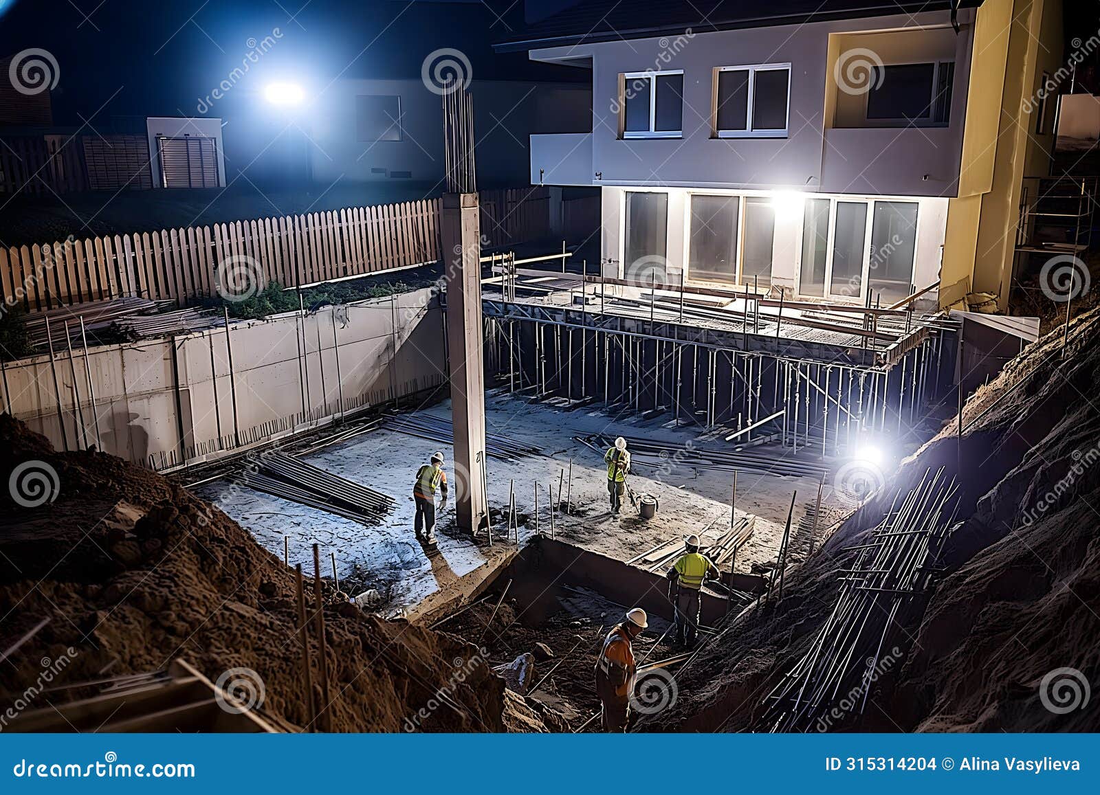 Team of the Construction Workers Works on Foundation of Contemporary ...
