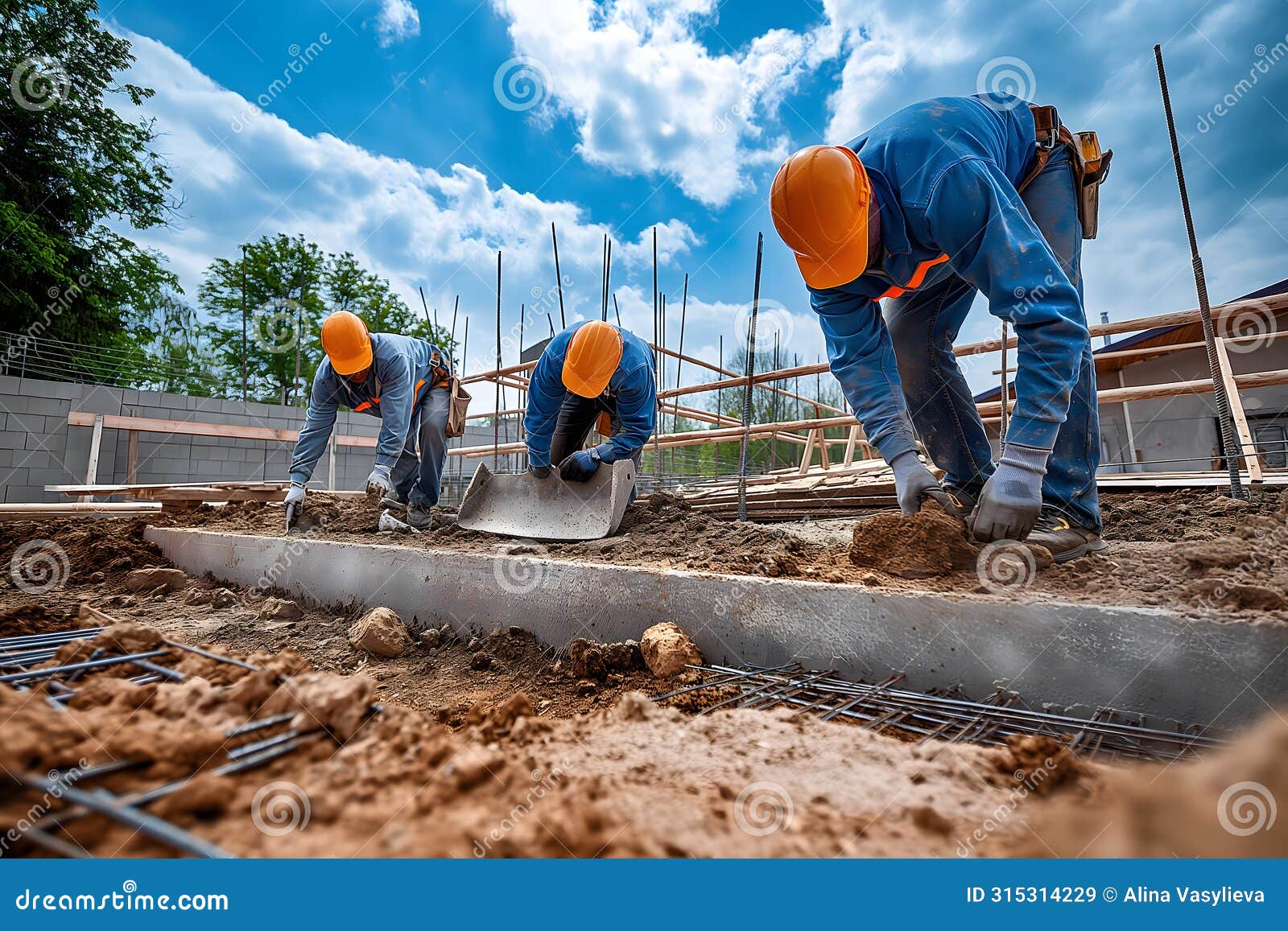 Team of the Construction Workers Works on Foundation of Contemporary ...