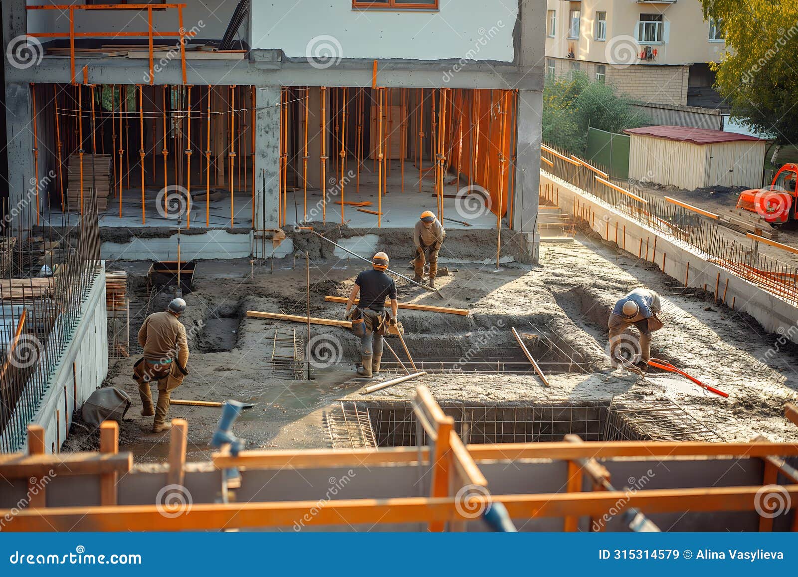 Team of the Construction Workers Works on Foundation of Contemporary ...